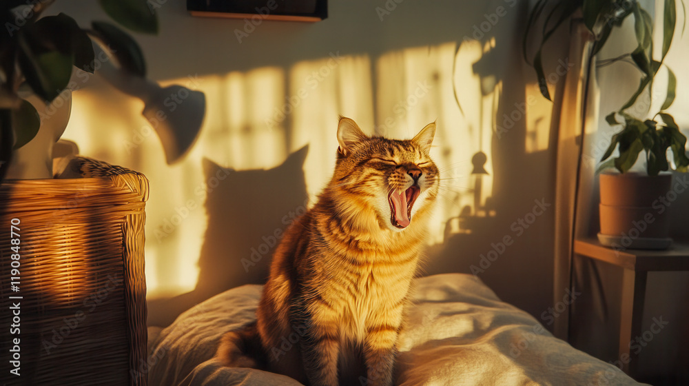 Cat yawning on a bed in warm soft light captured from a low angle ...