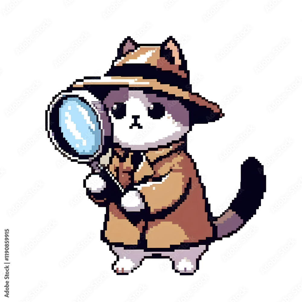 Cute Detective Cat Pixel Art, on transparent PNG background Stock ...