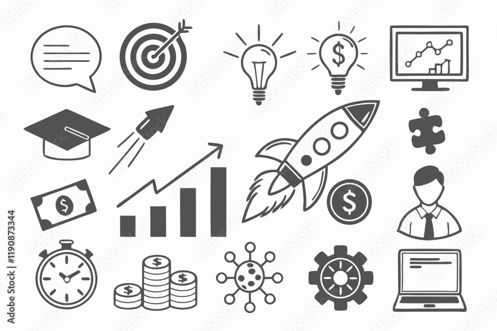 Business icons, startup incubator, entrepreneurship symbols, line art ...