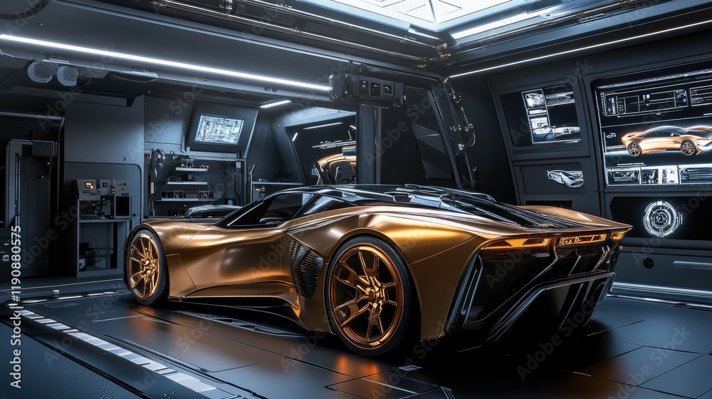 Futuristic concept cars displayed in a modern automotive design lab ...