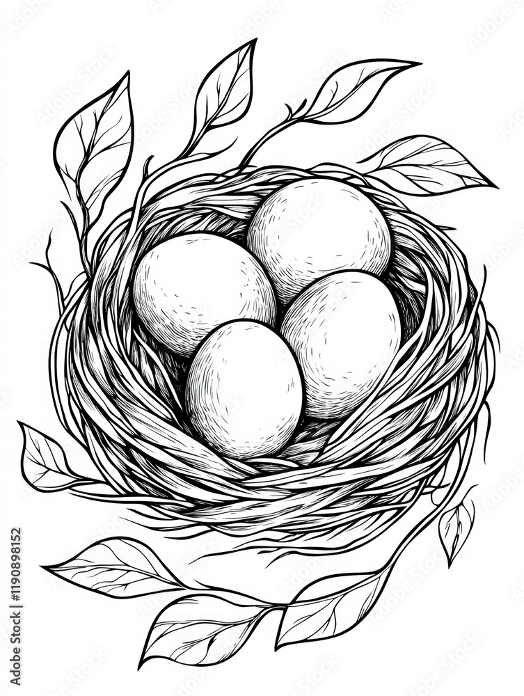 Bird's Nest with Eggs: A detailed line drawing of a bird's nest ...