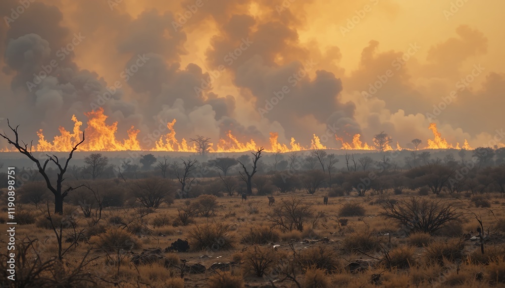 Devastating Wildfires Rage Across a Dry Savanna Landscape Stock Photo ...