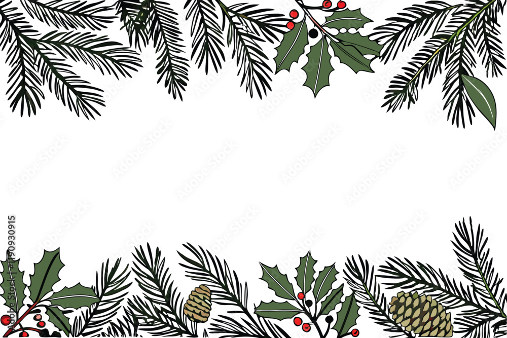 Christmas border, evergreen branches, pine needles, festive frame ...