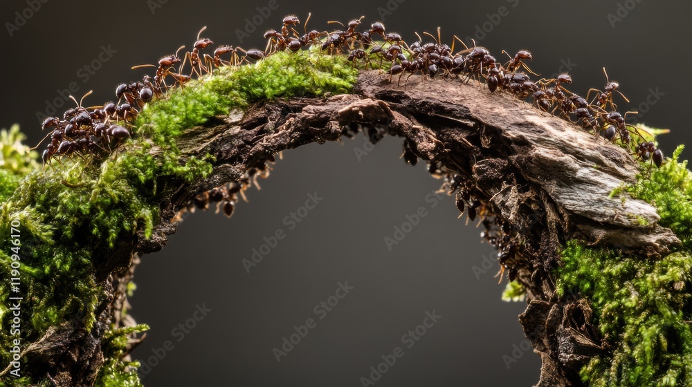 Ants forming a natural bridge over mossy branch, showcasing teamwork ...