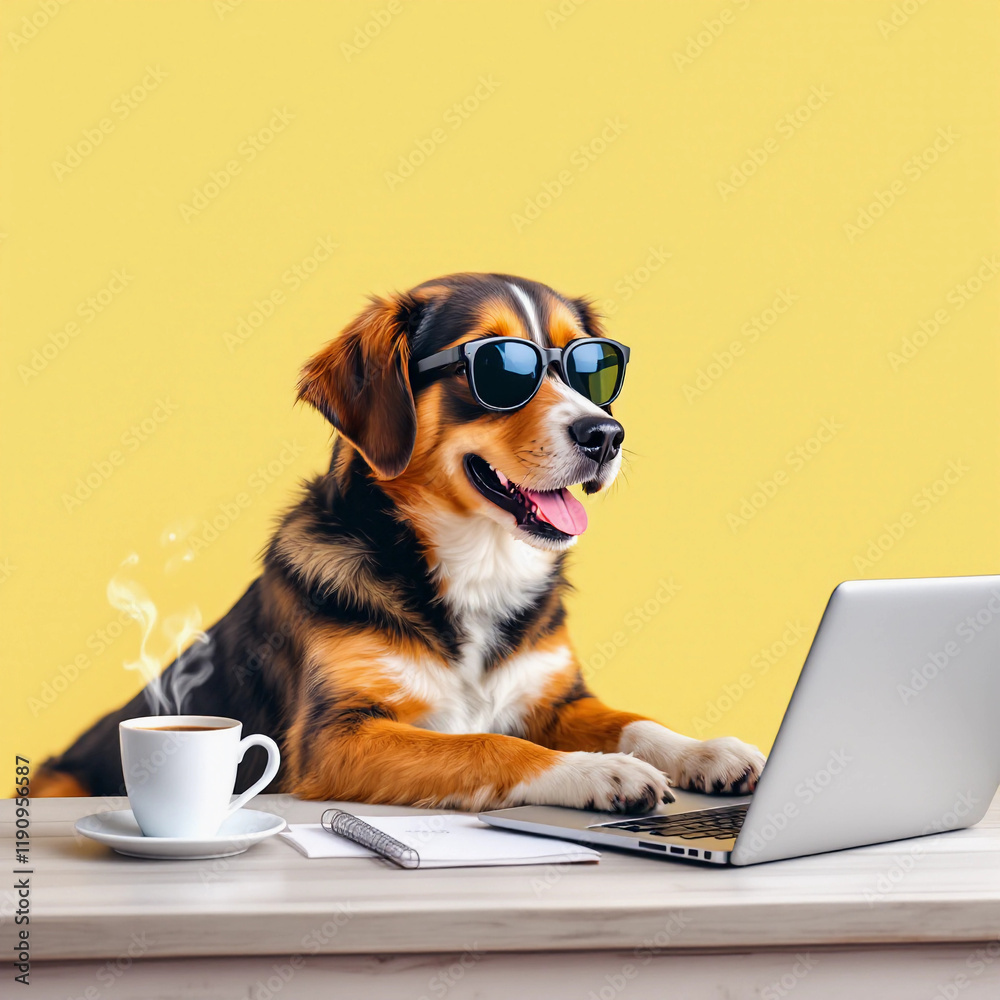 Cute dog working as a programmer with a laptop and coffee on a pastel ...