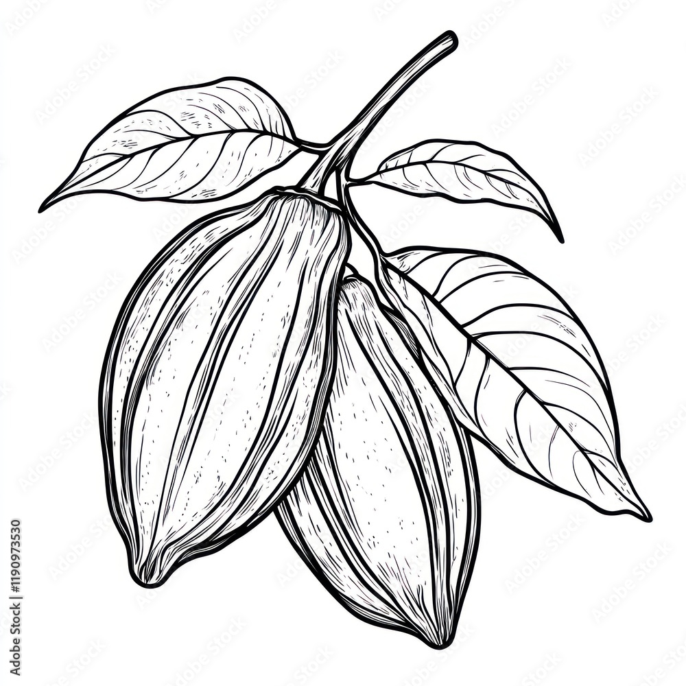 Cocoa pods branch illustration, white background, food packaging design ...