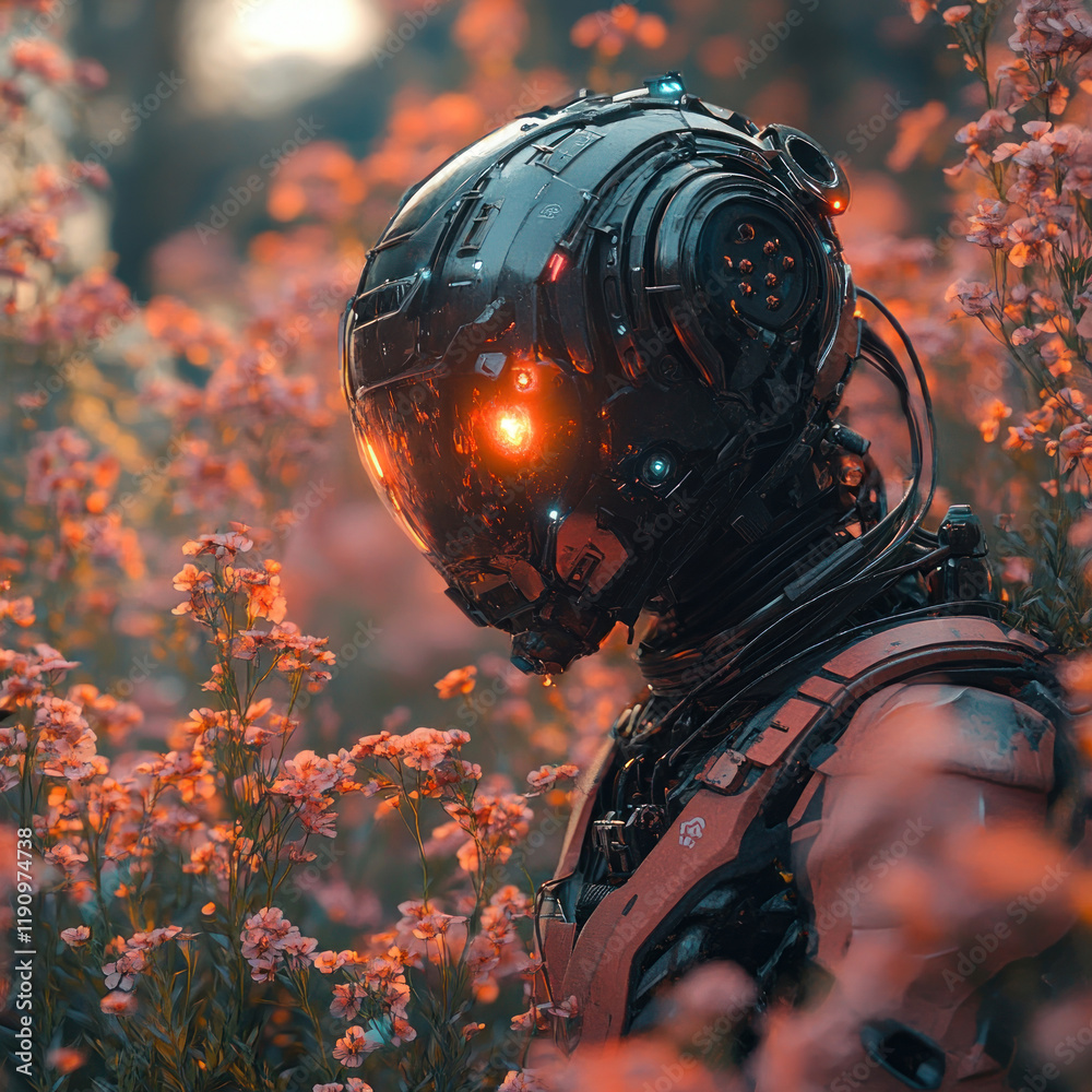 an android with a high-tech helmet covered in metal panels and glowing ...