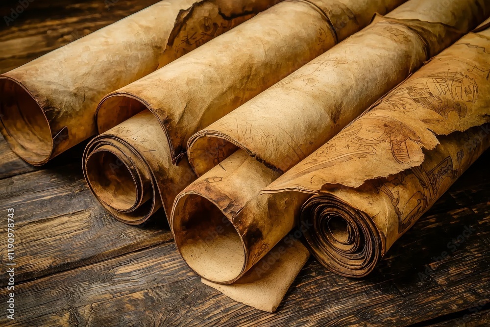 Ancient Scrolls on Wooden Surface Composition of Three Rolled Parchments with Aged Drawings ...