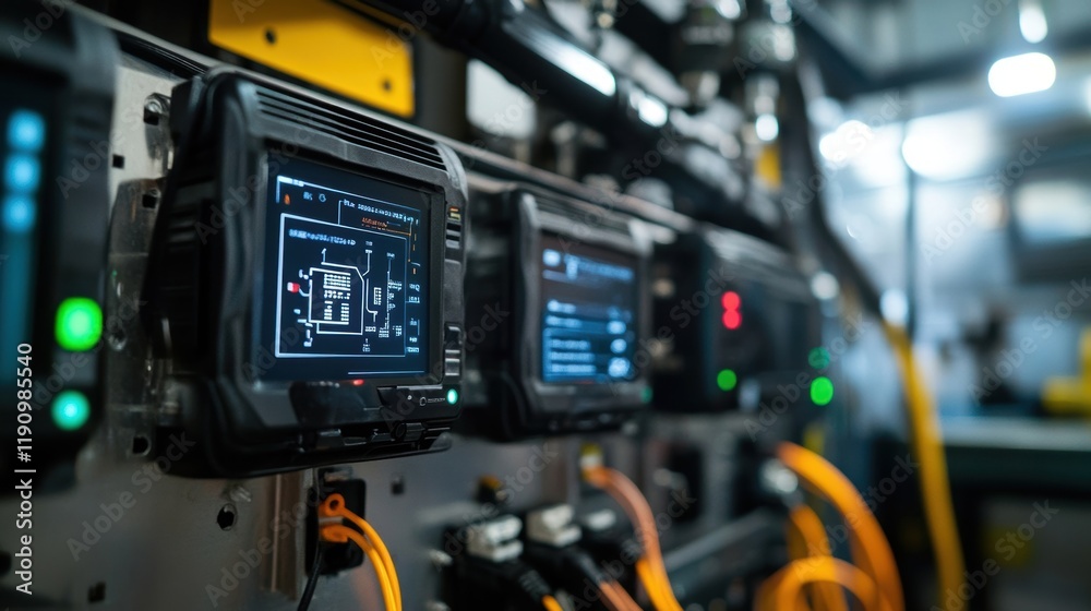 Modern control panel showing electrical schematics and diagrams, used in a high tech ...