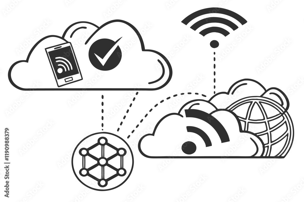 Cloud icons, minimalist design, black and white, technology symbols, wireless connectivity, data ...