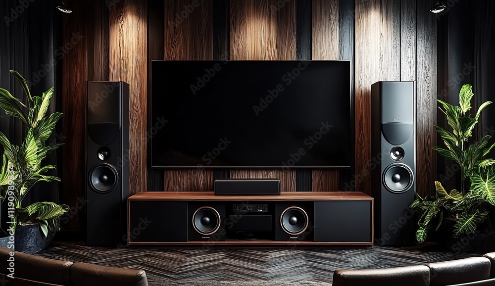 Modern home theater with a wooden entertainment console, black walls ...