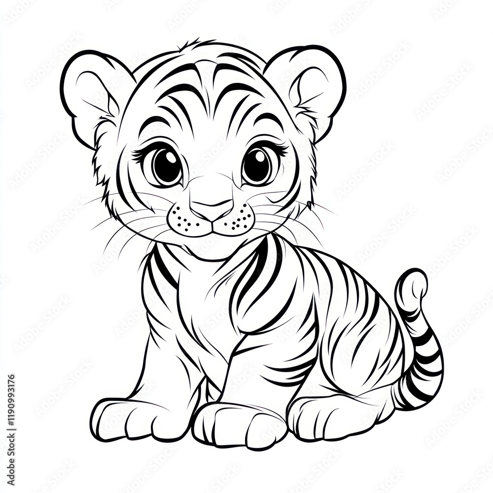 Cute tiger cub coloring page, isolated, white background, kids activity ...