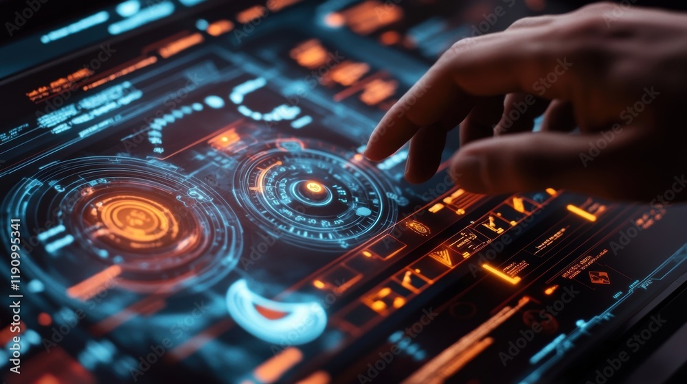 Engineer managing complex processes with a futuristic, interactive control panel featuring a ...