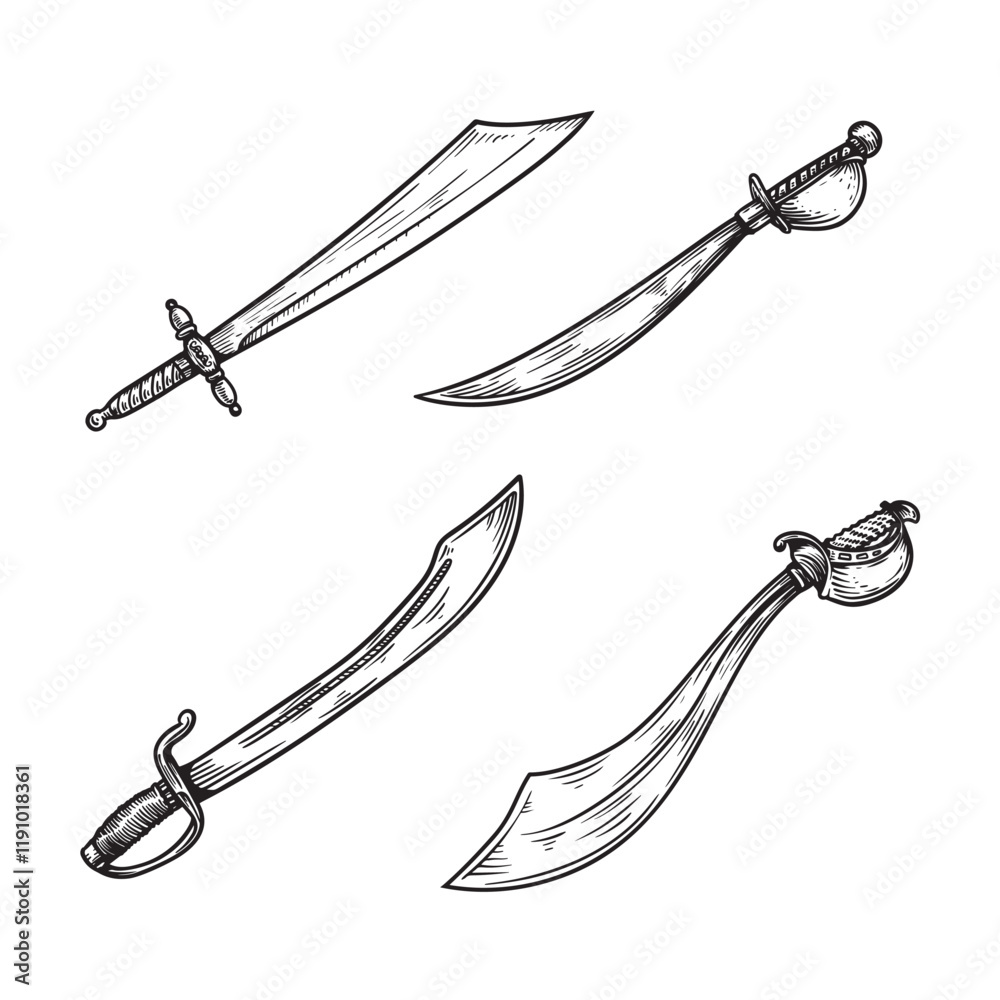 Pirate sabers hand drawn sketch style set. Cutlasses in vintage retro ...
