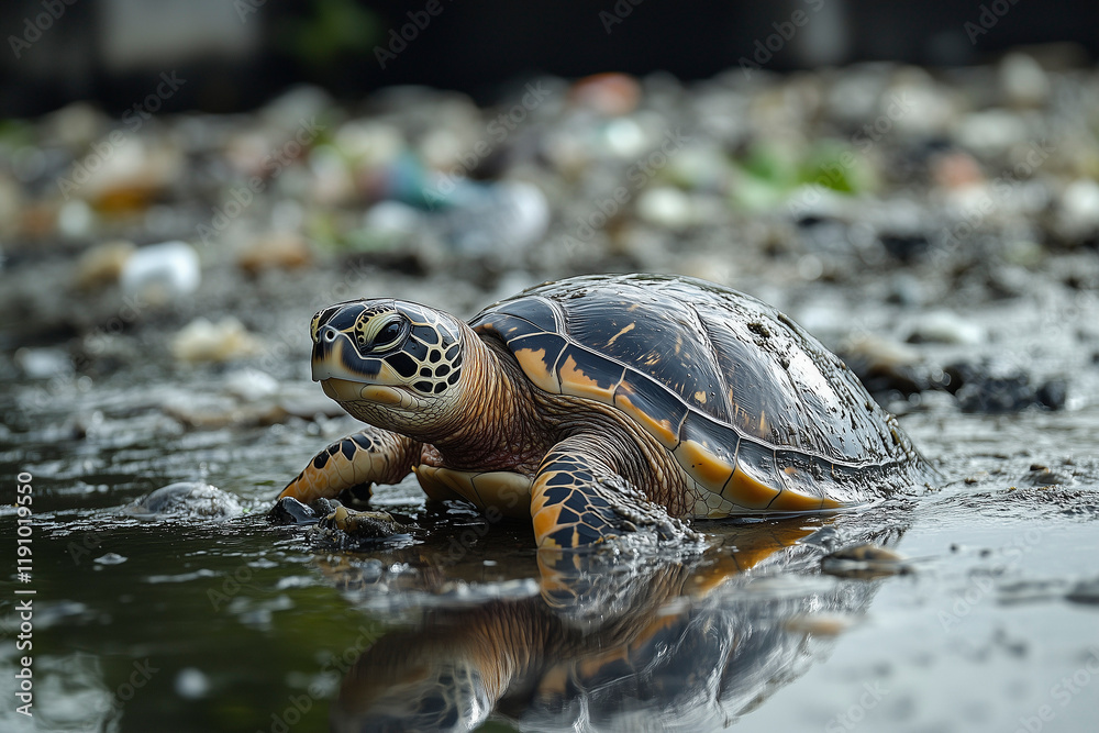 big turtle on the rock of garbage. ecological disaster. catastrophe of ...