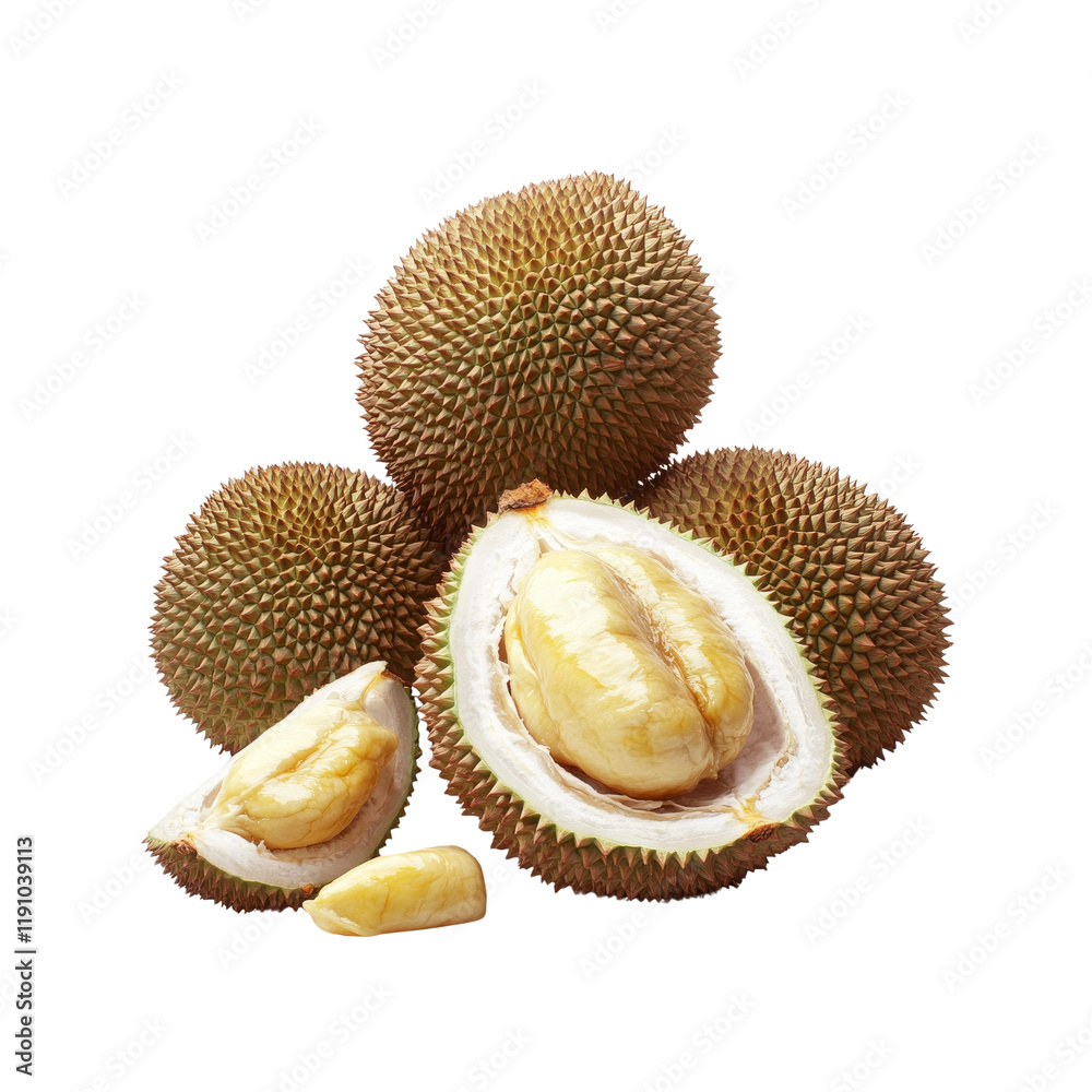 Fresh Durian Fruit with Opened Section Showing Creamy Flesh - Isolated ...