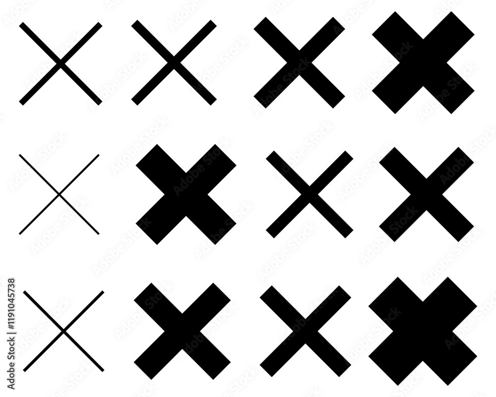 Black cross mark set, vector illustration set with line thickness ...