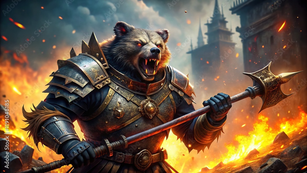 Snarling Bear in Medieval Armor, Spiked Mace, Fire Background - Seven ...