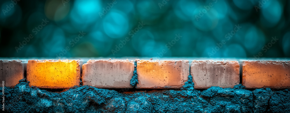 row of bricks with one illuminated, set against blurred blue green ...