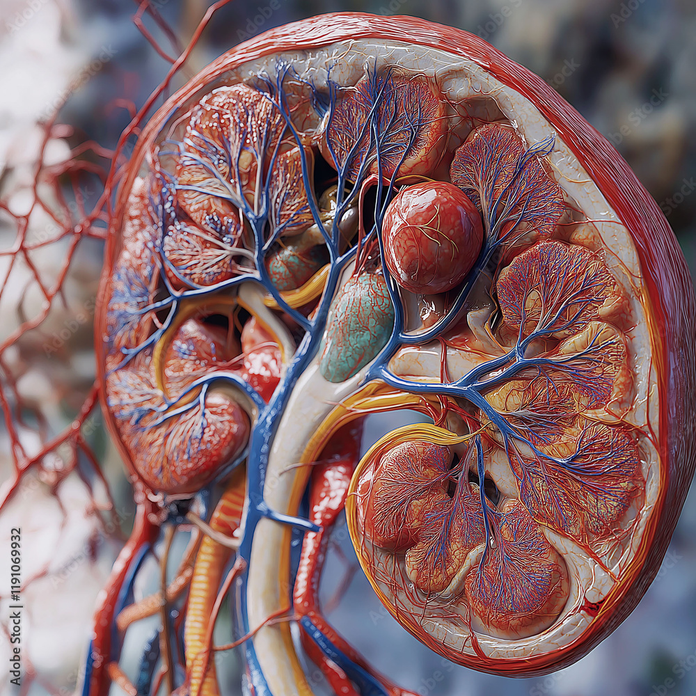 Acute Kidney Injury AKI. Close-up image of the renal cortex and medulla ...