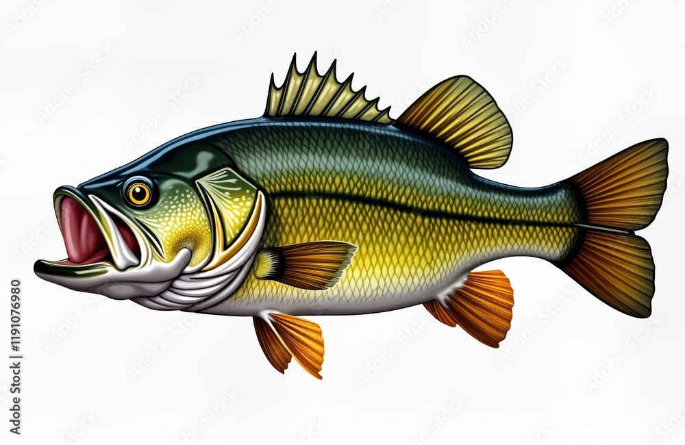 Largemouth bass illustration. Isolated fish swimming. Freshwater ...