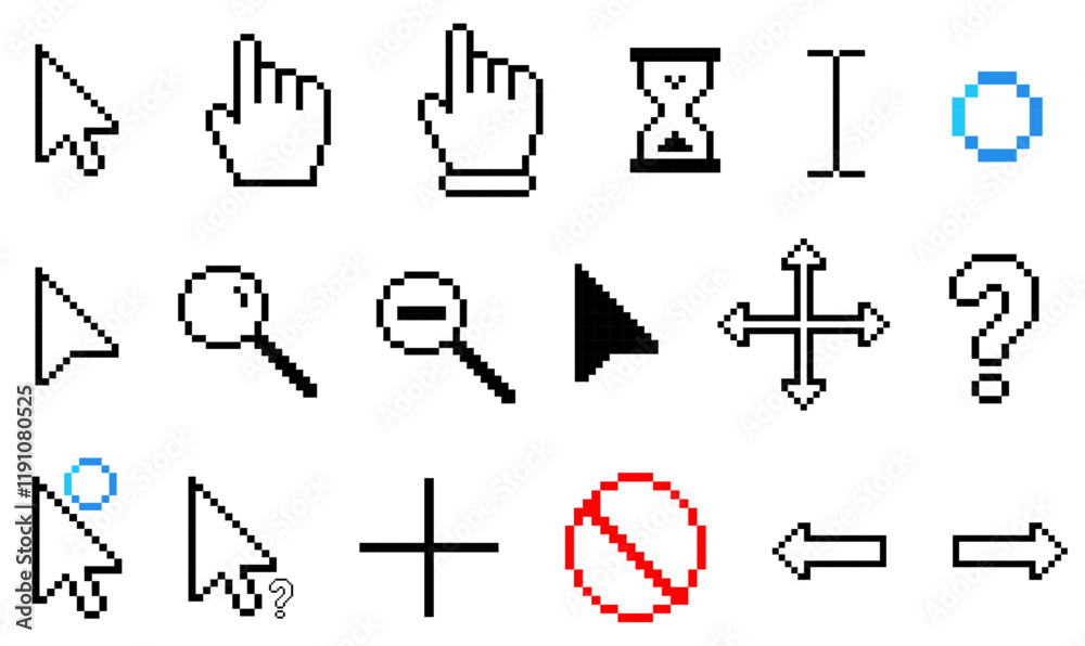 Various computer cursor icons, including pointers, hands, hourglass ...
