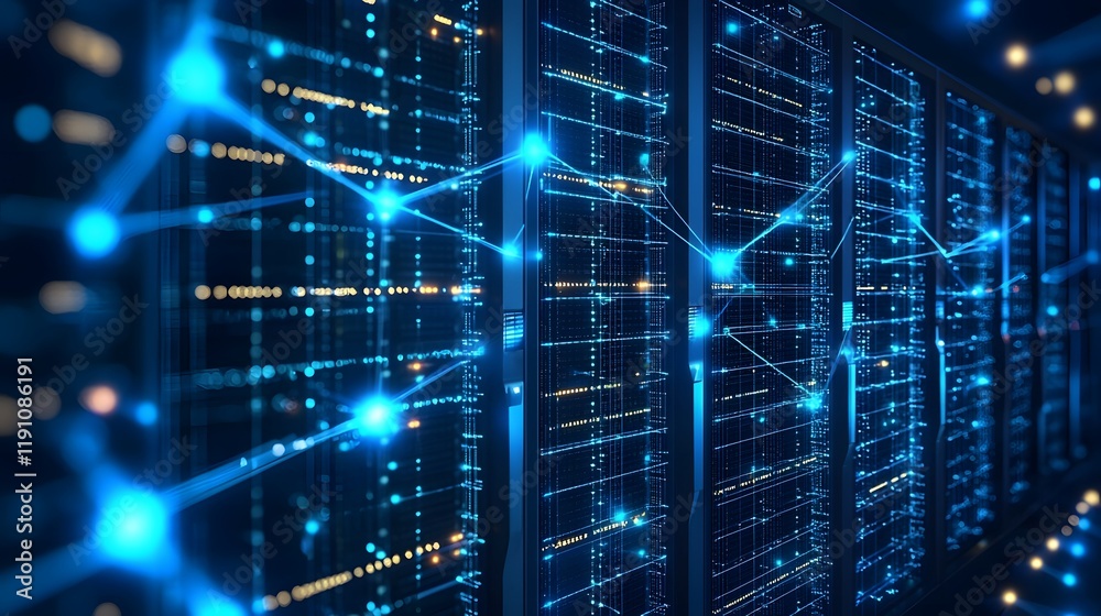 Stylized network background with geometric shapes lines and neon blue ...