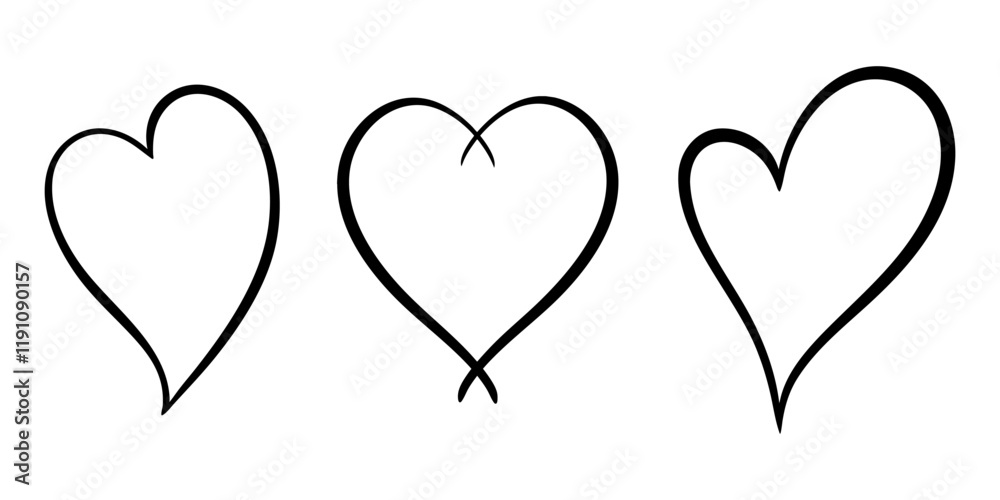 Vector heart illustrations set in line art style. Graphic monochrome ...