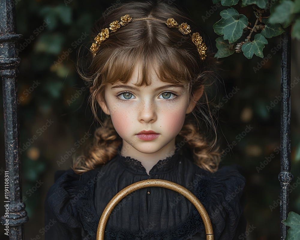 Victorian Child Holding Wooden Hoop Toy At Wrought Iron Gate With Ivy ...