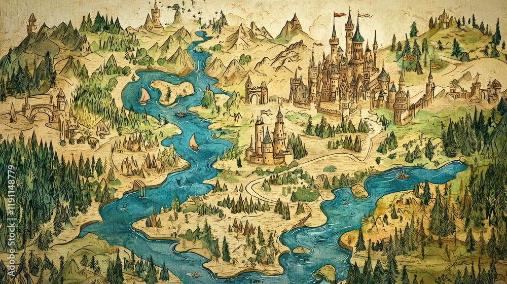 Fantasy Map with Rivers, Castles, Mountains, and Sailing Ships Stock Illustration | Adobe Stock