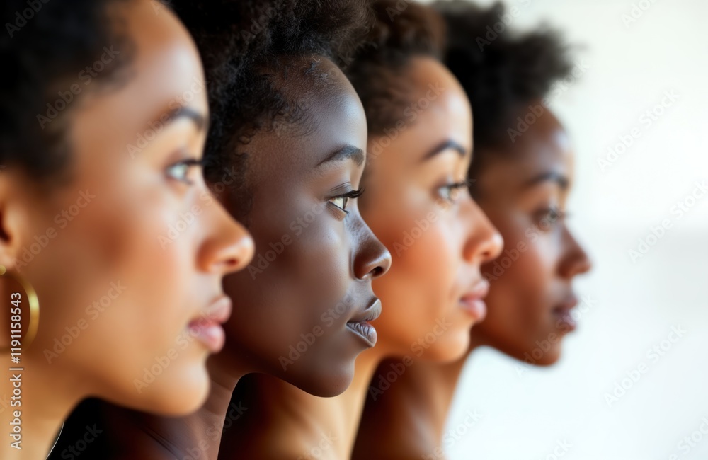 Three diverse women in profile view against white background. Show ...