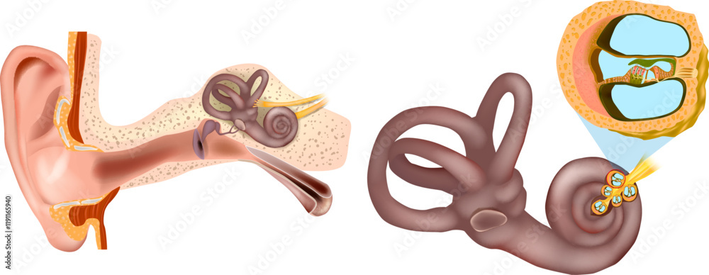 Anatomy of Inner Ear and cross-section of Cochlea. Organ of Corti, the ...