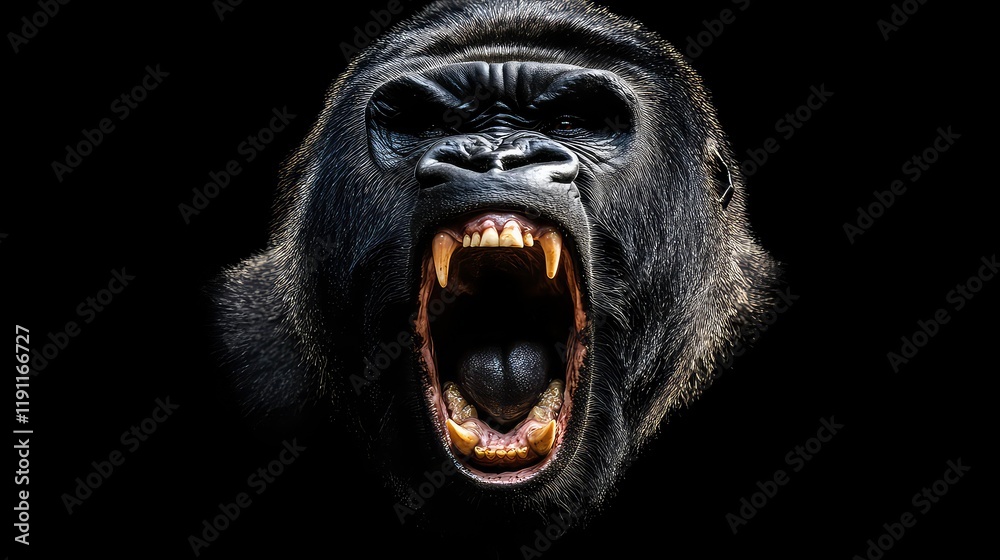 Portrait of a large silverback gorilla or mountain gorilla while ...