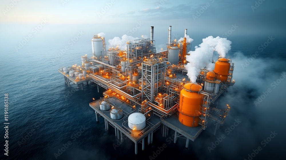 Aerial view of a massive and modern offshore liquefied natural gas LNG ...