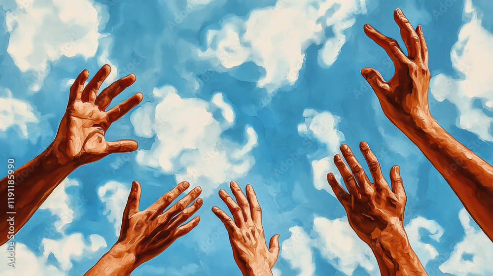 Artful depiction of hands reaching for sky, expressing hope and ...