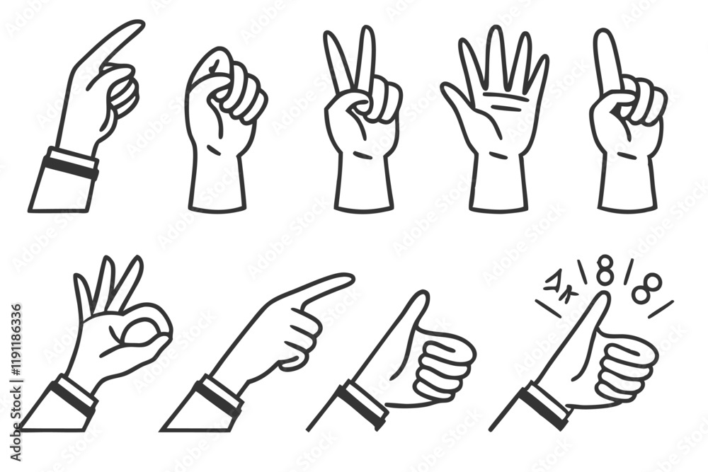 Vektor Hand gestures, minimalist icons, black and white illustrations, line drawings, emoji ...