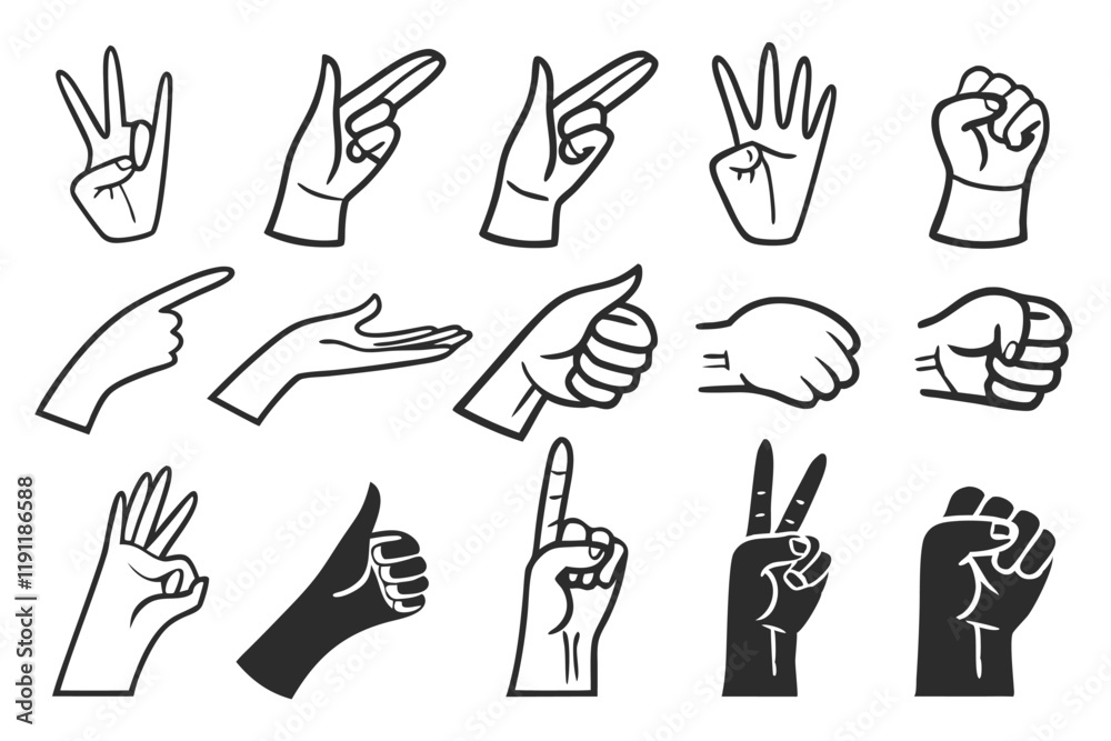 Hand gestures, minimalist icons, black and white illustrations, line drawings, emoji-style ...