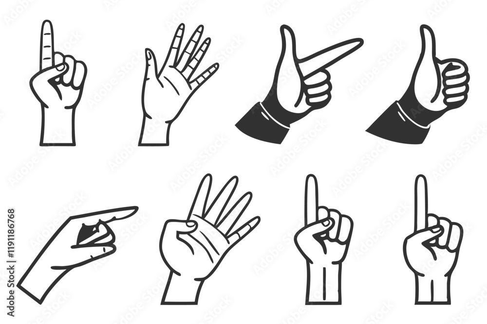 Hand gestures, minimalist icons, black and white illustrations, line drawings, emoji-style ...