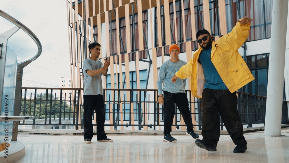Hip hop team dance break dance while multicultural friend surrounded ...
