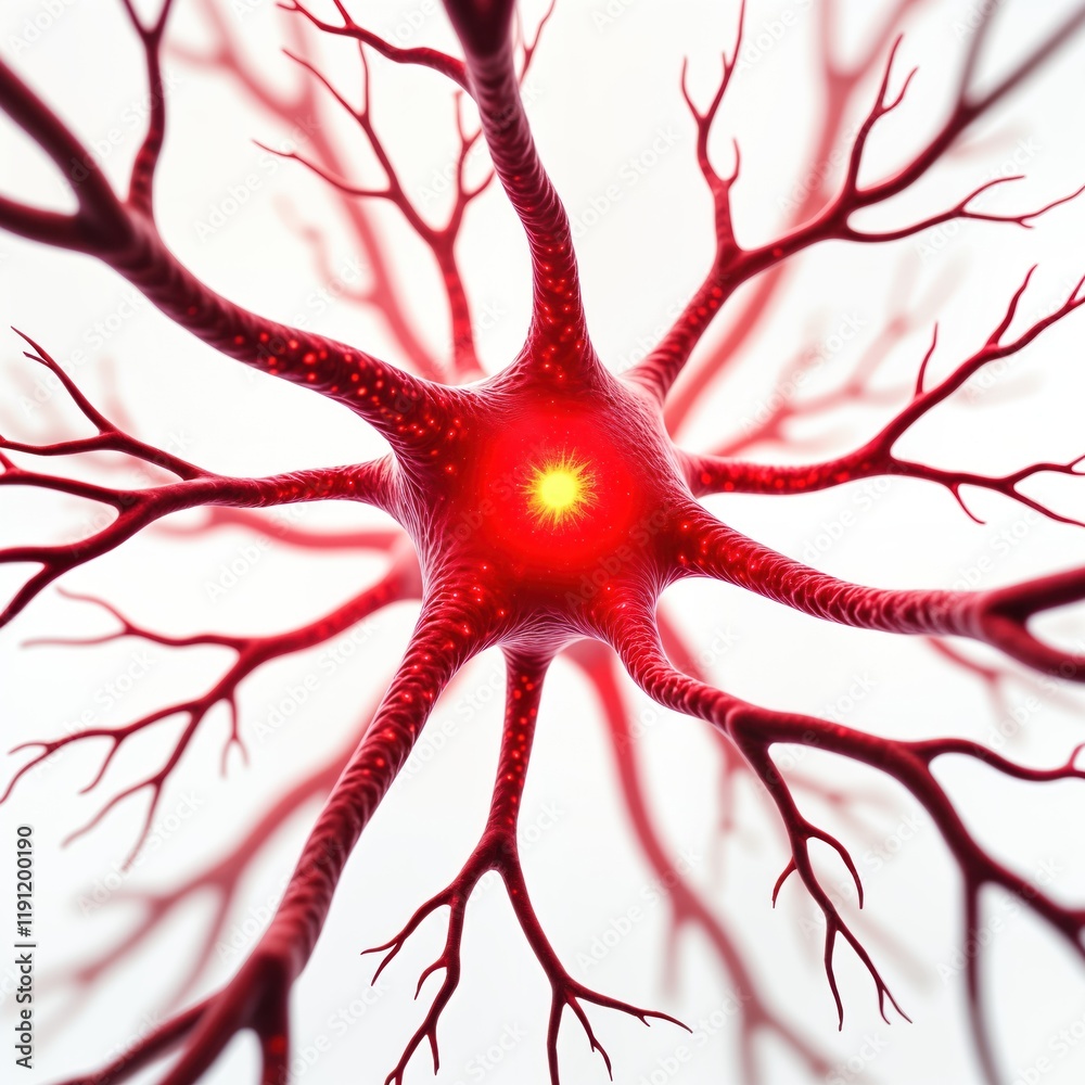 Detailed illustration of glowing red neuron. Branching dendrites show ...