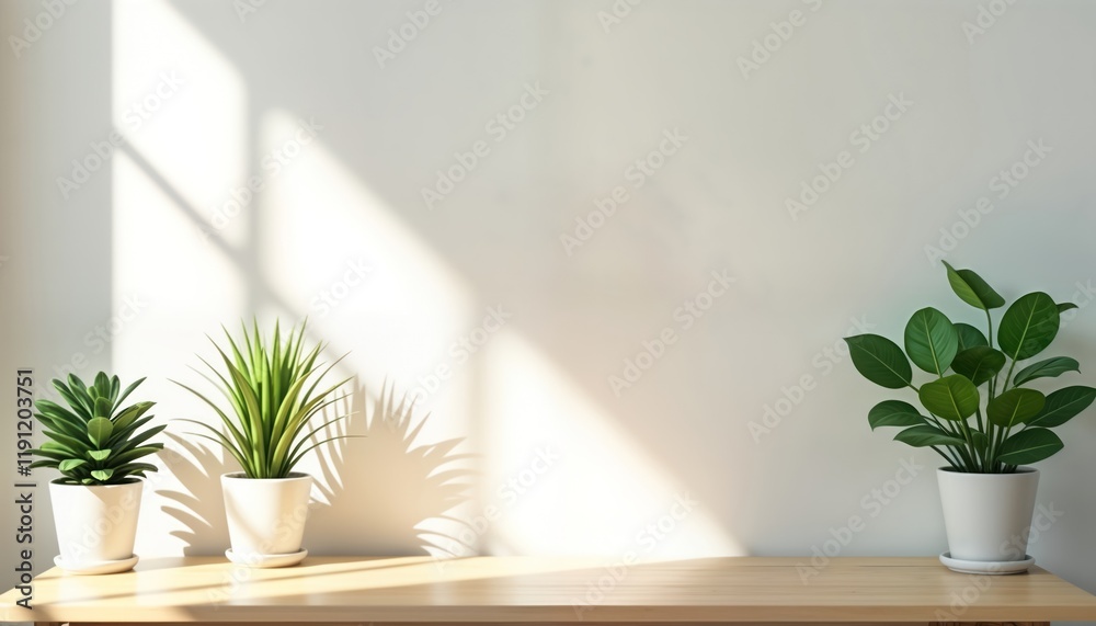 Indoor home scene with plants in pots. Sunlight casts shadows on light ...