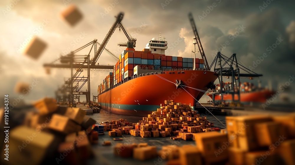 Bustling Offshore Port Terminal with Massive Container Ships Docking ...