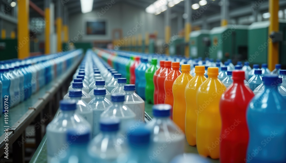 Plastic bottles line up on conveyor belt in recycling plant. Various ...
