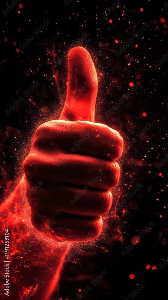 A blazing, fiery hand gestures a thumbs up, radiating a fiery glow ...