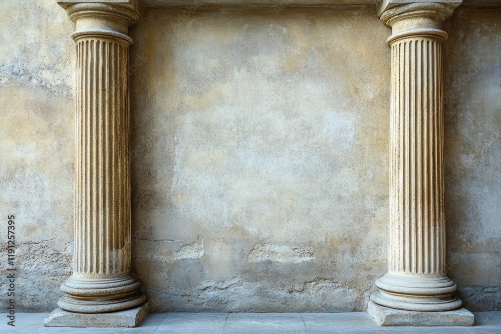 Two fluted columns framing an old weathered wall, creating a classical ...