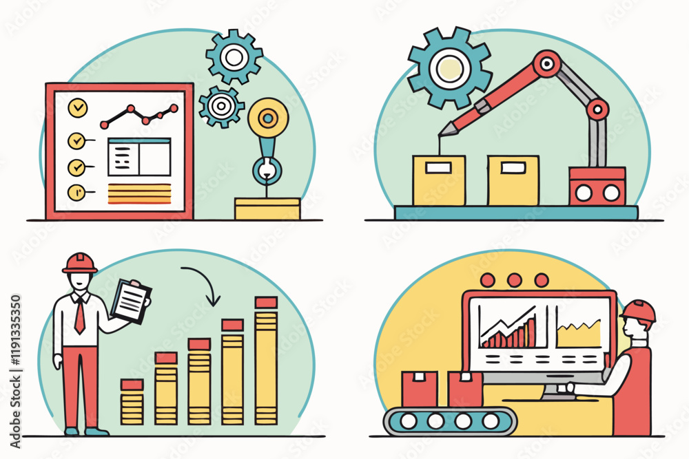 Manufacturing icons, mass production symbols, industrial processes ...