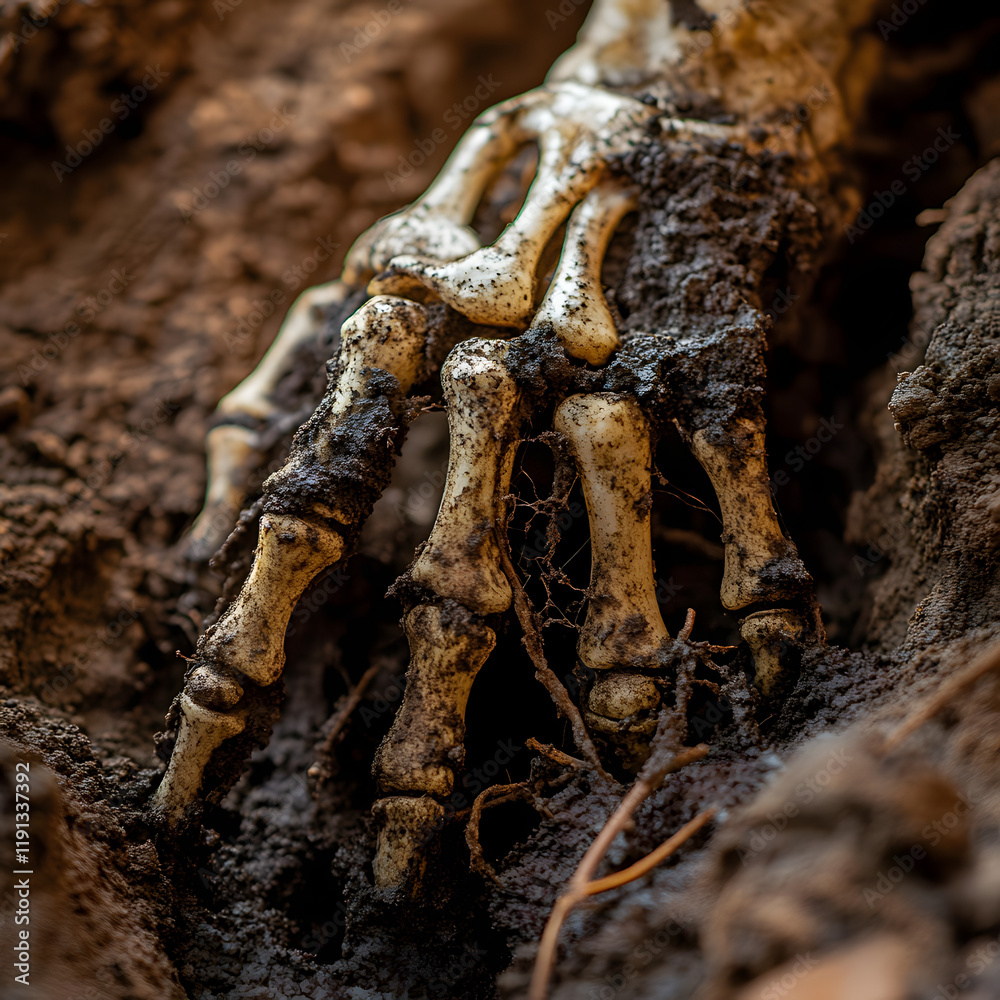 A skeletal hand emerges from the earth, covered in mud and soil. The ...