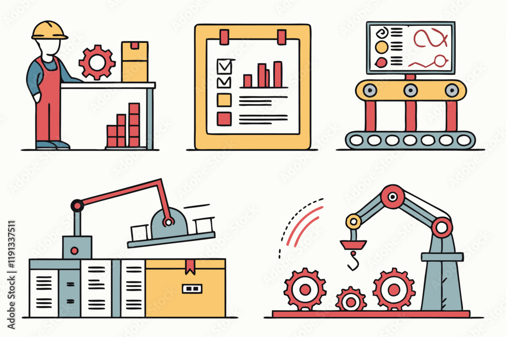 Manufacturing icons, mass production symbols, industrial processes ...