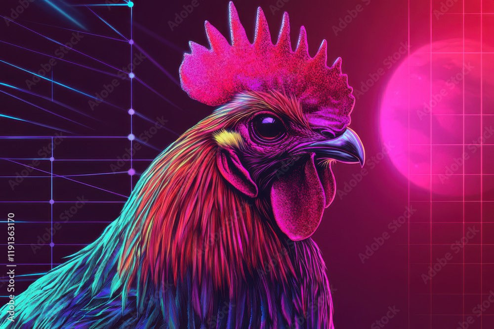 Vibrant rooster in a close-up portrait against a neon-lit background ...