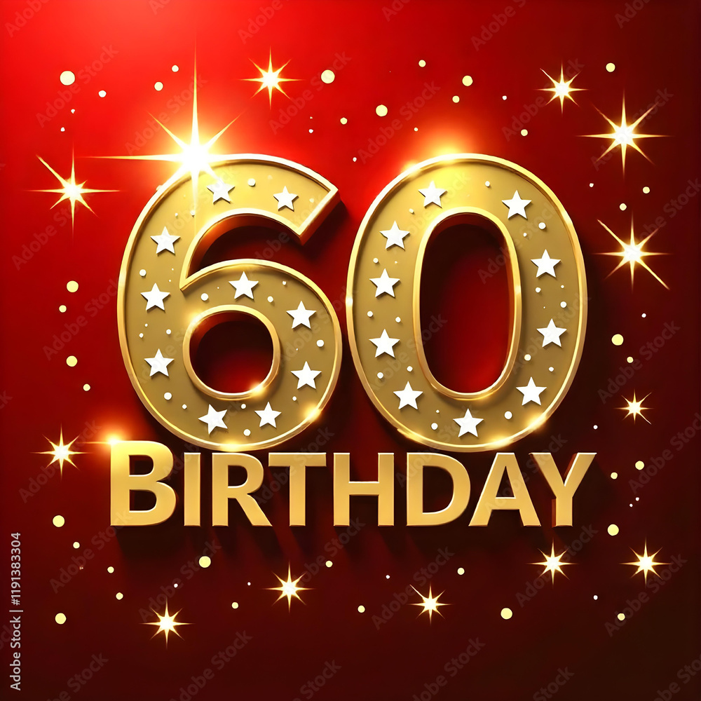 Gold shining 60th birthday label with ribbon, yellow gold red retro ...